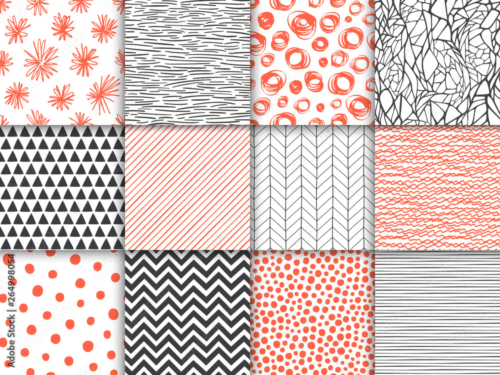 Abstract hand drawn geometric simple minimalistic seamless patterns set. Polka dot, stripes ...