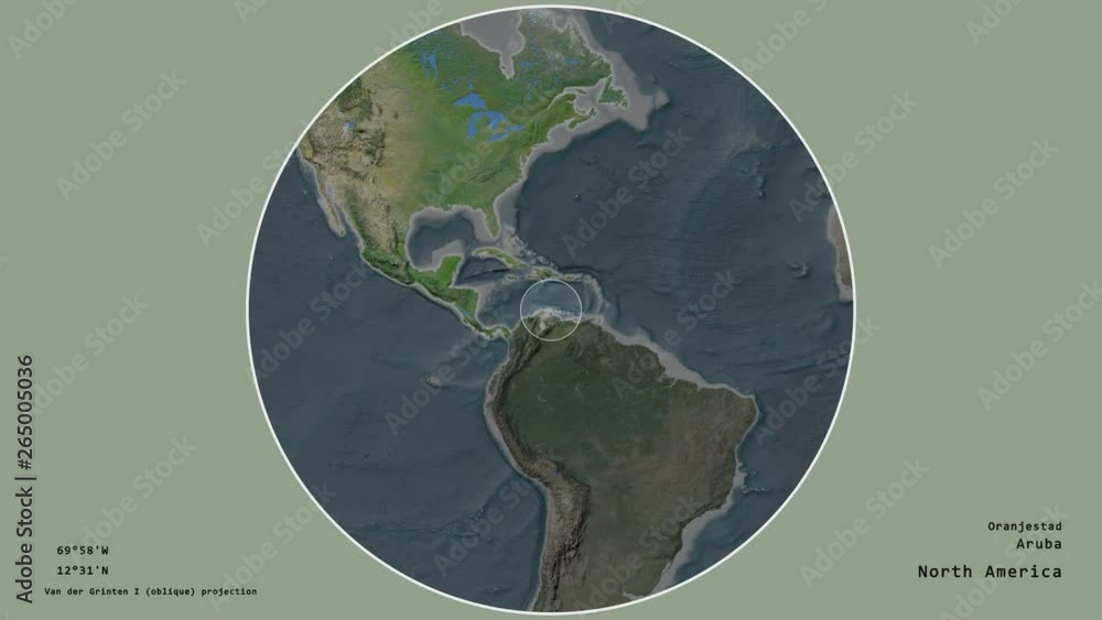 Aruba and its capital circled and zoomed on the global satellite map in ...