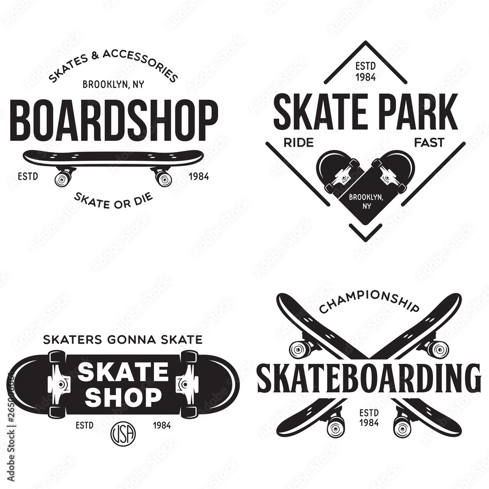 Skateboarding labels badges set. Skate shop logotypes. Design elements ...