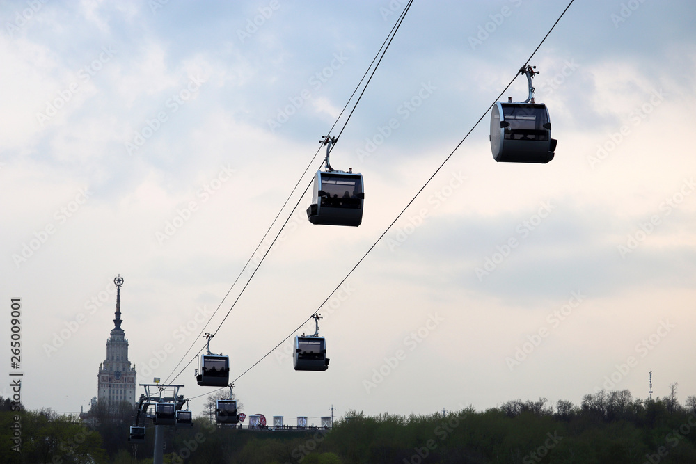Moscow cable car in the Luzhniki. Funicular cabins against the Moscow ...