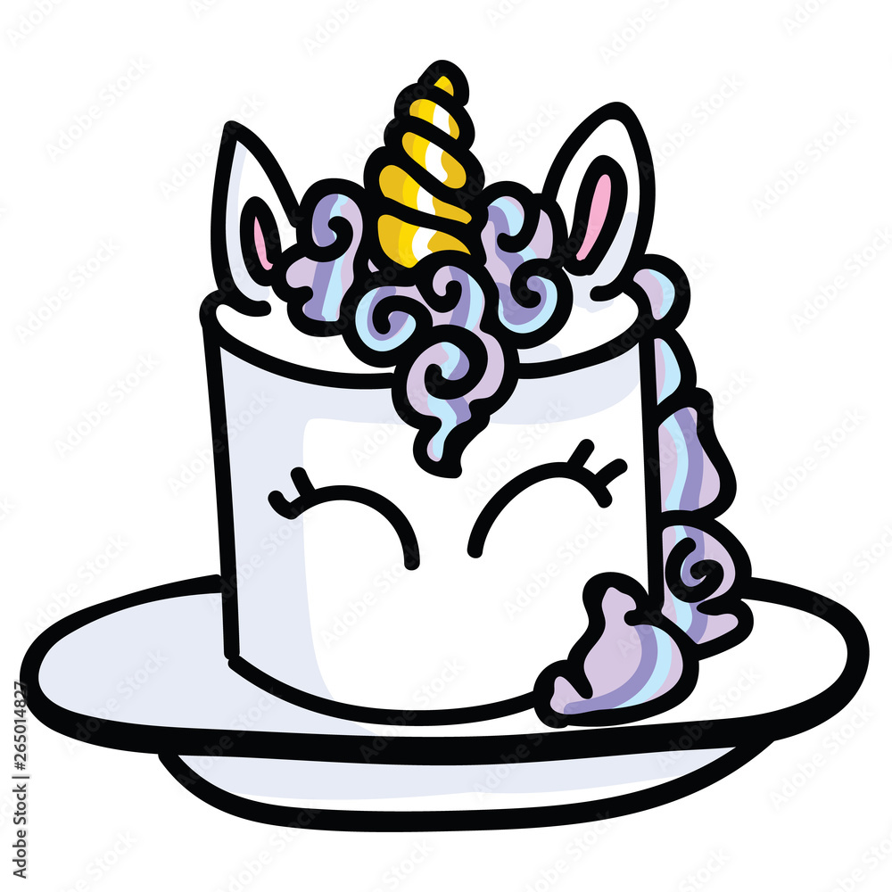 Cute unicorn cake cartoon vector illustration motif set. Hand drawn for ...
