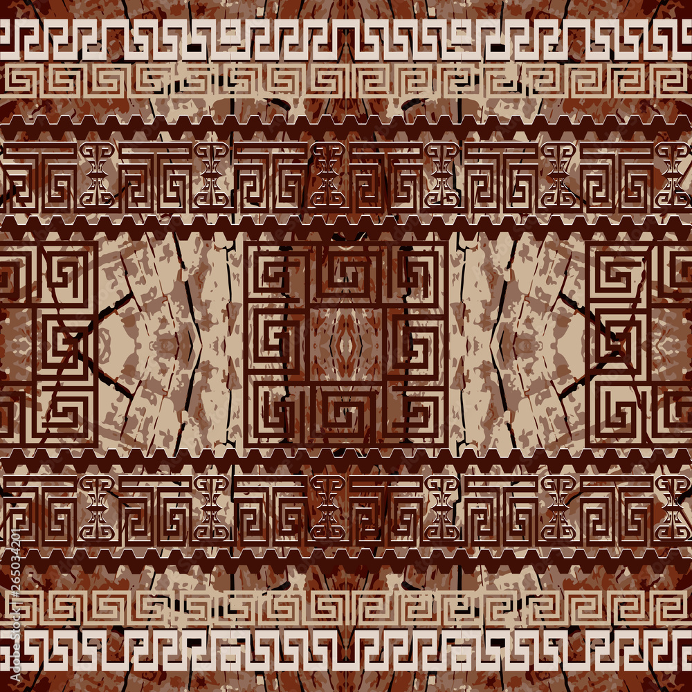 Textured ornate greek borders seamless pattern. Abstract wood style ...