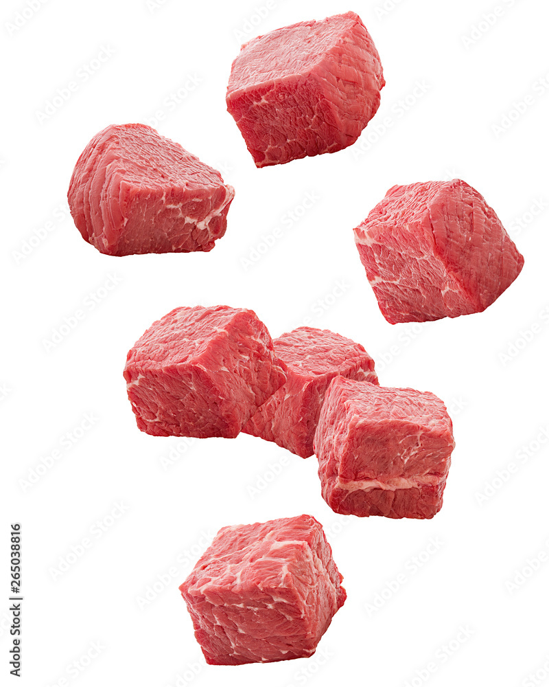 Falling meat, beef, cube, isolated on white background, clipping path ...