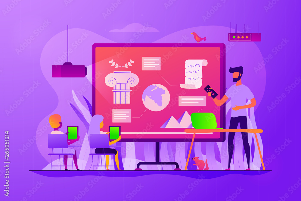 Kids with tablets studying historical events in classroom, tiny people ...