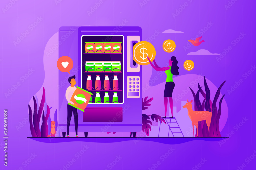 Tiny people consumers buying snacks and drinks in vending machine ...