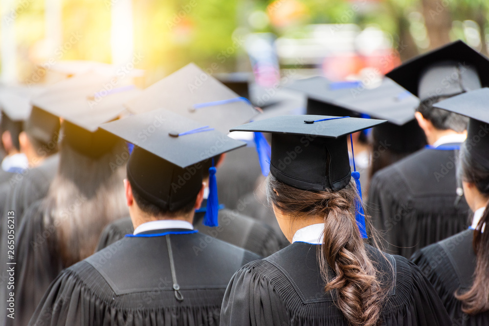 Back side view student graduation of graduates during commencement ...