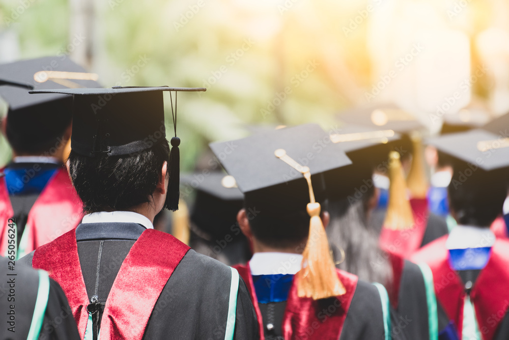 Back side view student graduation of graduates during commencement ...