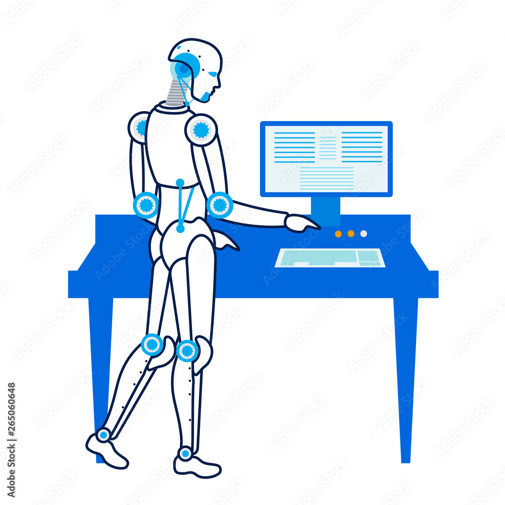 Robot Works at Personal Computer Flat Illustration Stock Vector | Adobe ...