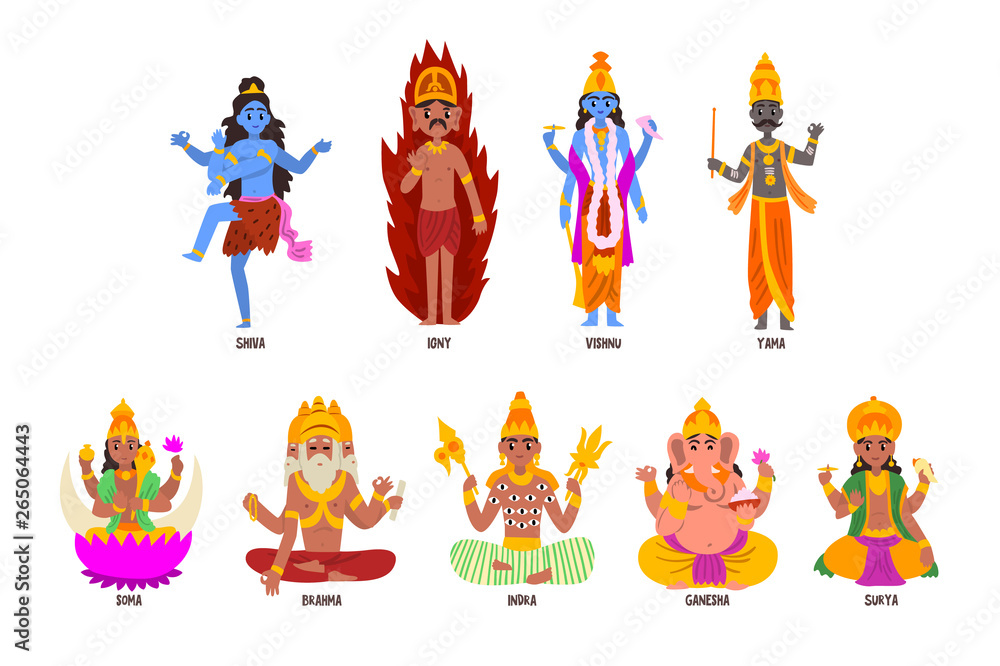 Indian Gods set, Shiva, Igny, Vishnu, Ganesha, Indra, Soma, Brahma ...
