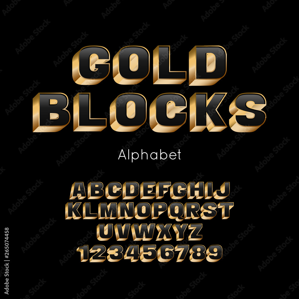 Vector Gold Blocks alphabet and font. 3d letters and numbers Stock ...