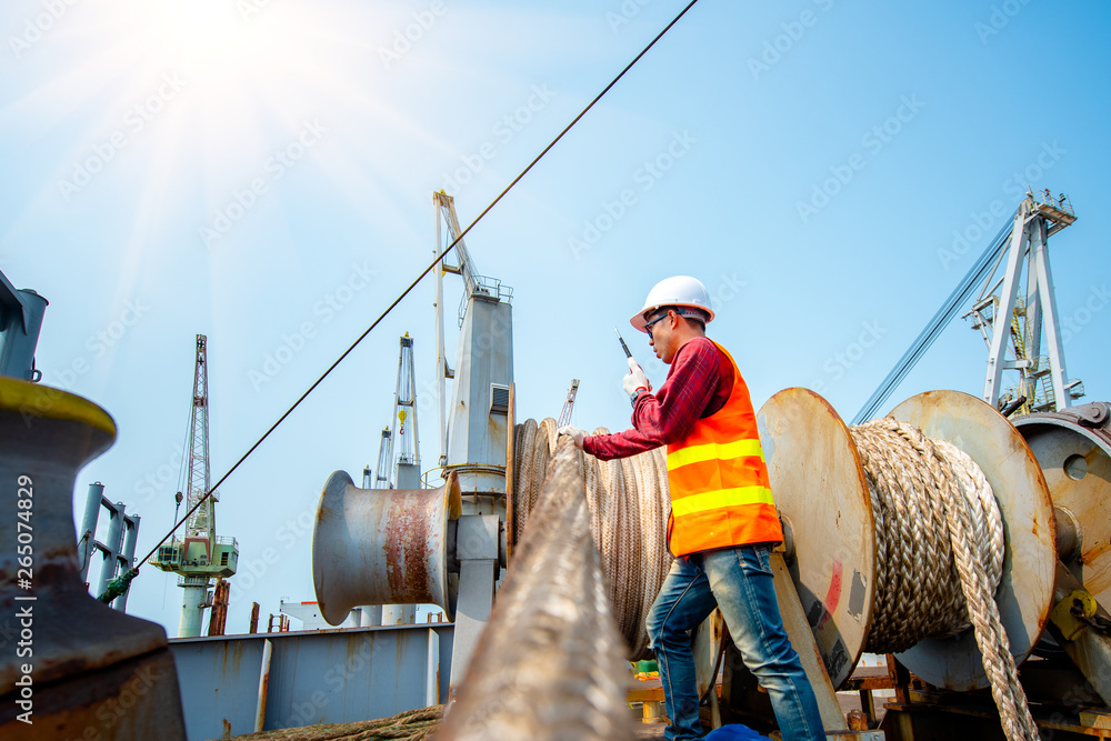engineering ship crew under safe working in communicating for mooring ...