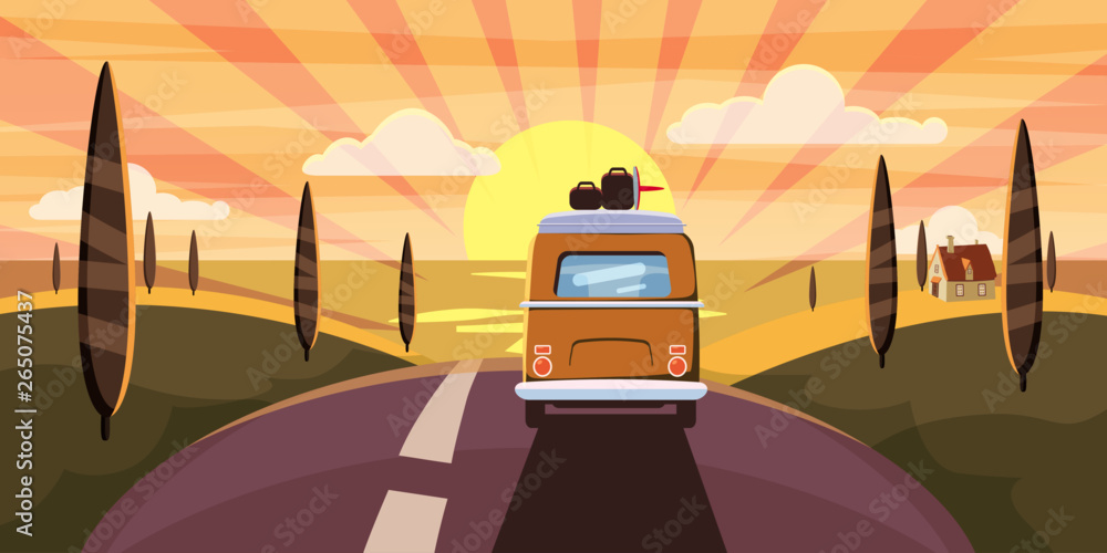 Sunset Van camper, bus on the road goes to the sea for a summer ...
