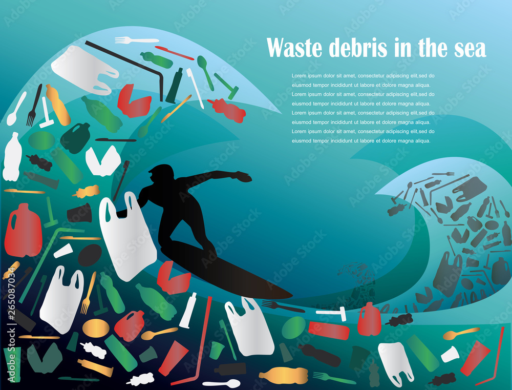 waste debris in the sea,poster template. Vector illustration with deep ...
