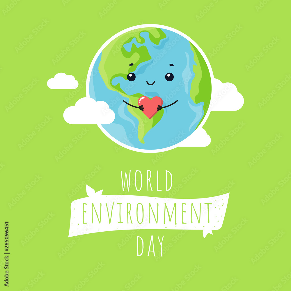 Vector cartoon illustration of smiling happy planet earth with heart in ...