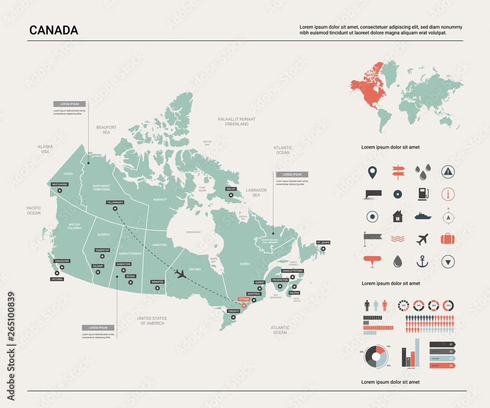 Vector map of Canada. High detailed country map with division, cities ...