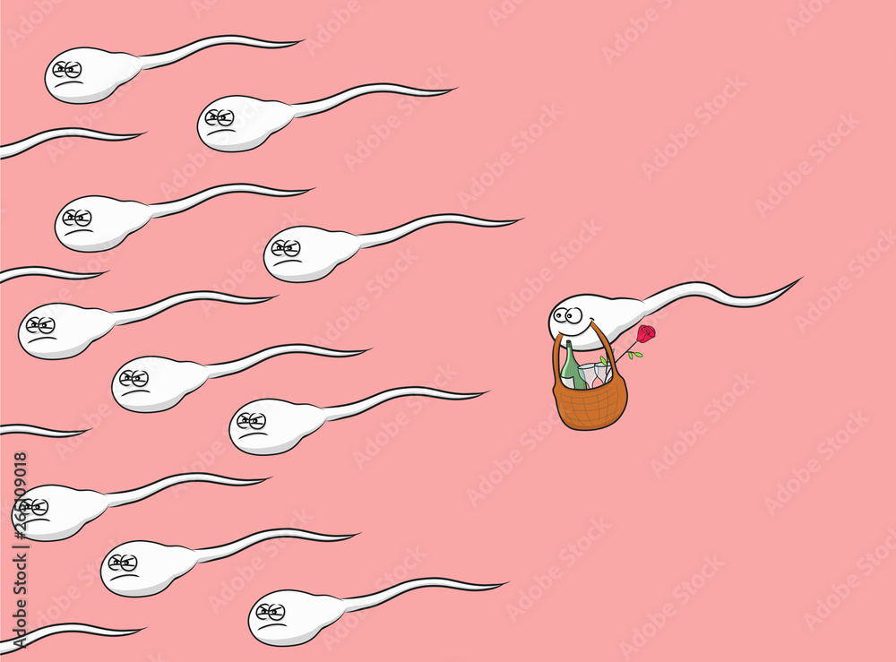Swimming sperms and one romantic sperm. Cartoon joke, vector ...