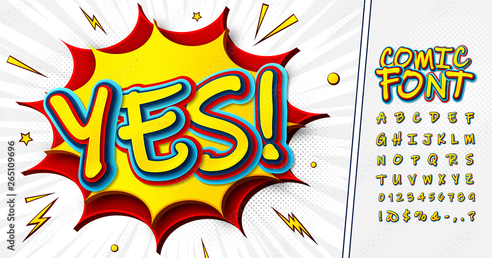 Comics font. Cartoon alphabet in pop art style. Multilayer letters and ...