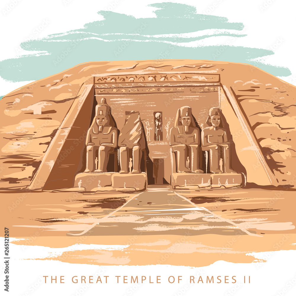 Colorful vector illustration the great temple of Ramses 2 hand drawn in ...