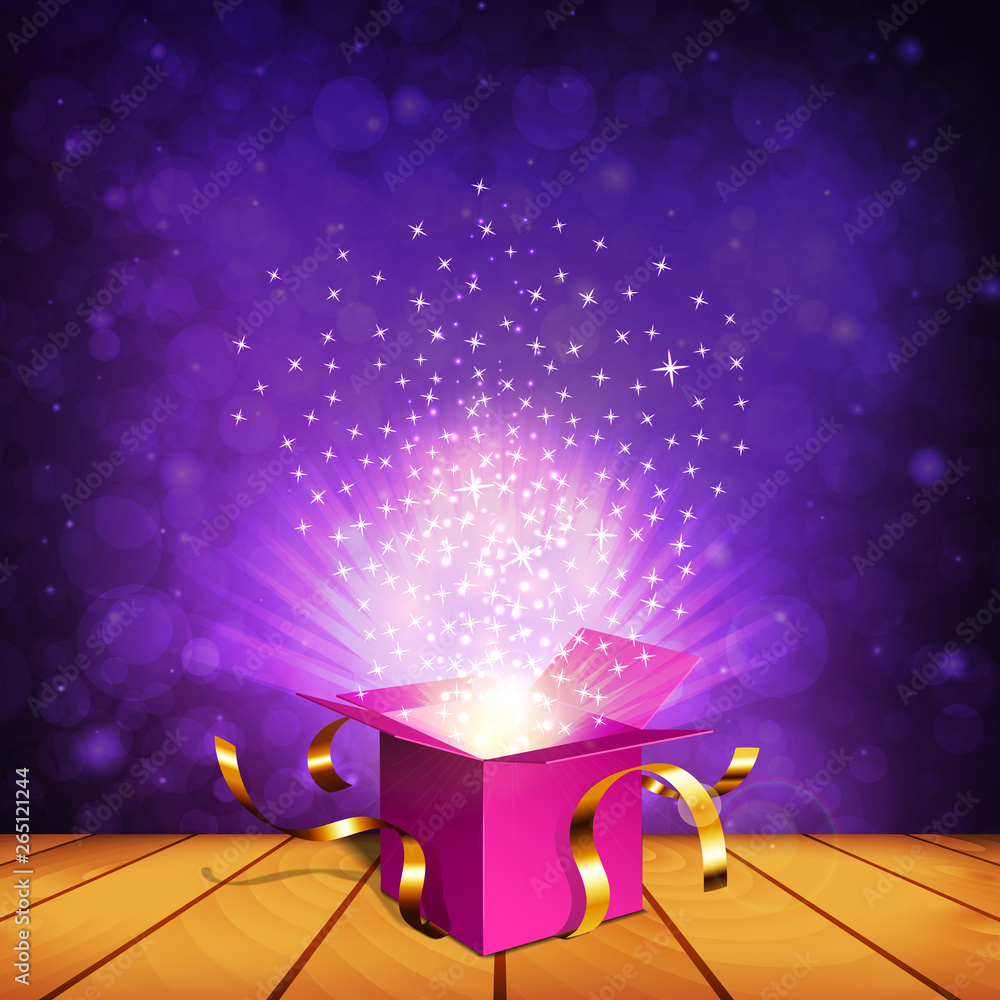 Opened crimson gift box with golden ribbons with magic light rays on ...