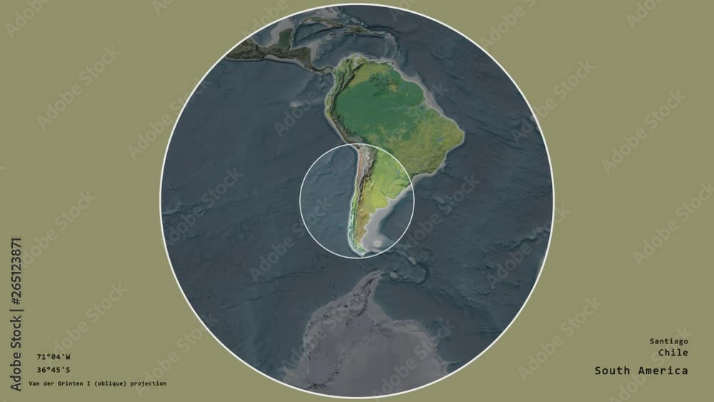 Chile and its capital circled and zoomed on the global topographic map ...