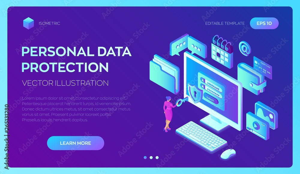 Data protection. Desktop pc with authorization form on screen, personal ...