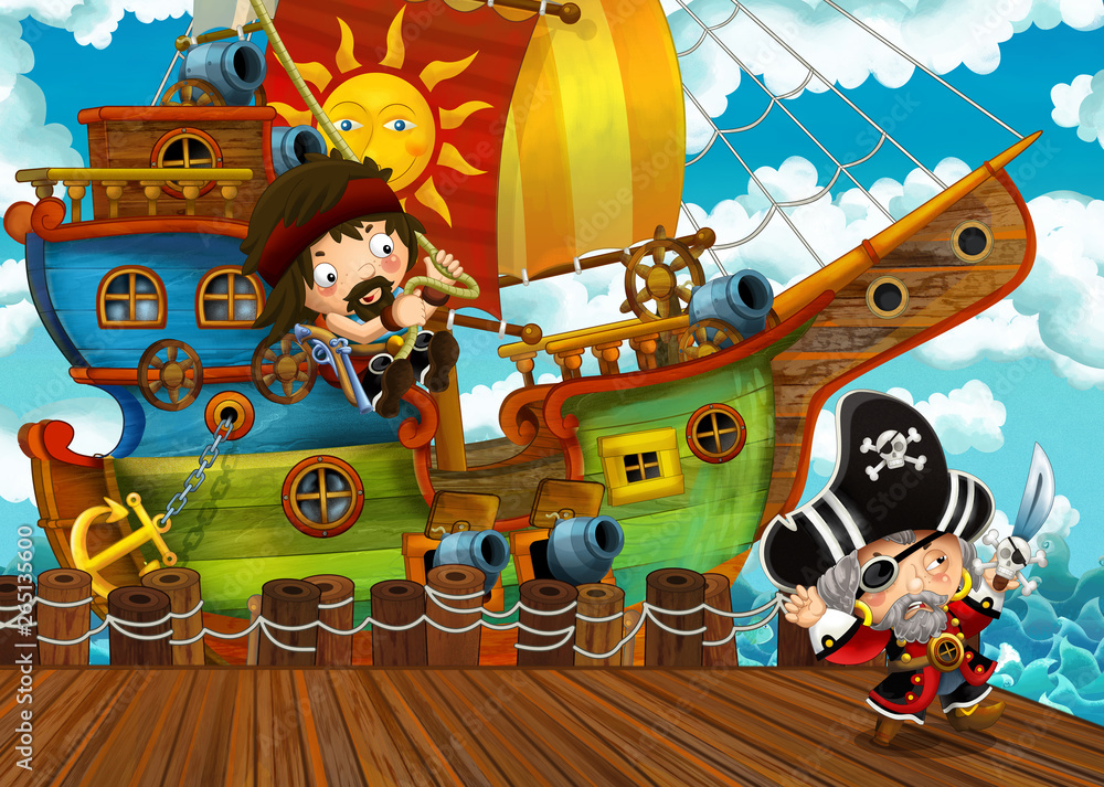 cartoon scene with pirate sailing ship docking in a harbor ...
