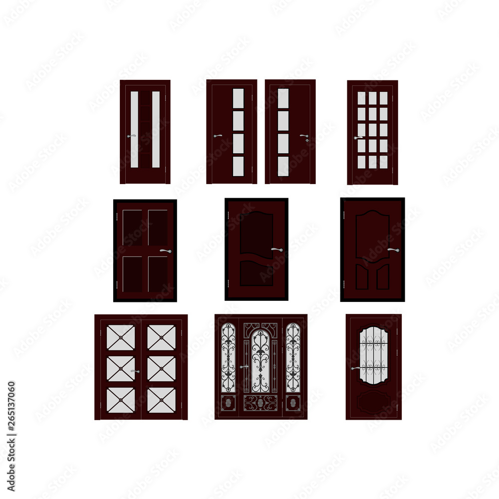Doors set. Front and backside view doors. Isolated vector illustration ...