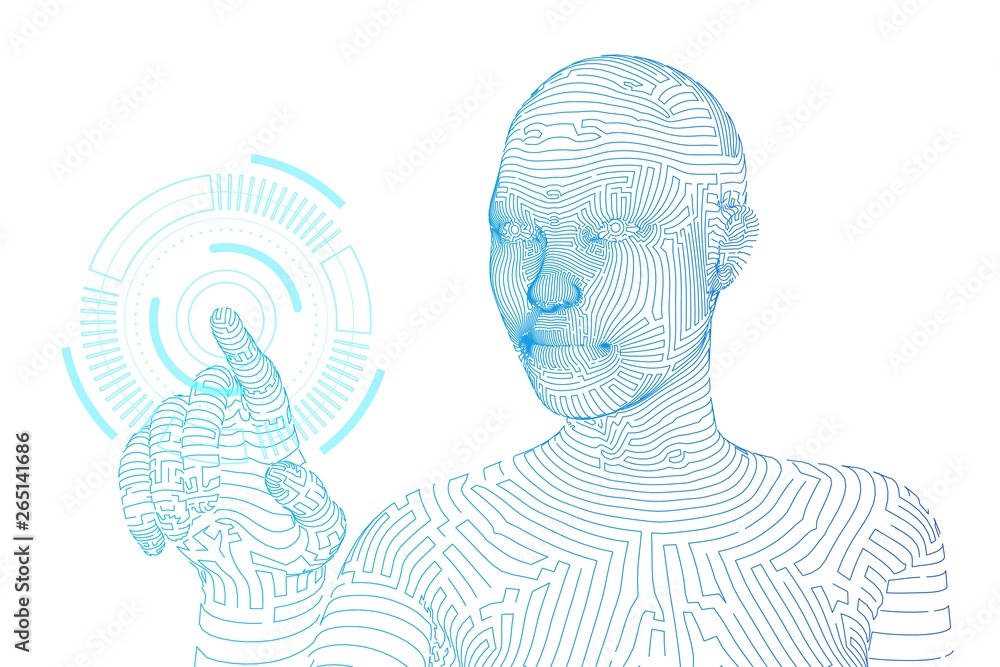 Wireframed female cyborg touching digital graph interface. AI ... Wireframed female cyborg touching digital graph interface. AI ...
