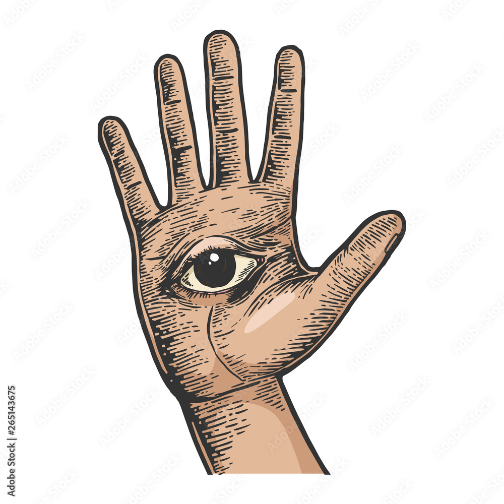 Eye on human hand palm color sketch sketch engraving vector ...