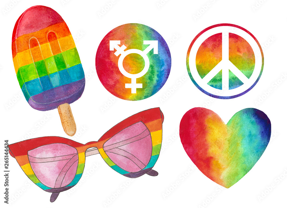 Hand drawn LGBTQ set of watercolor icons and elements, symbols of love ...