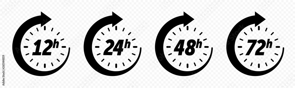 12, 24, 48 and 72 hours clock arrow, deodorant work time effect. Vector ...