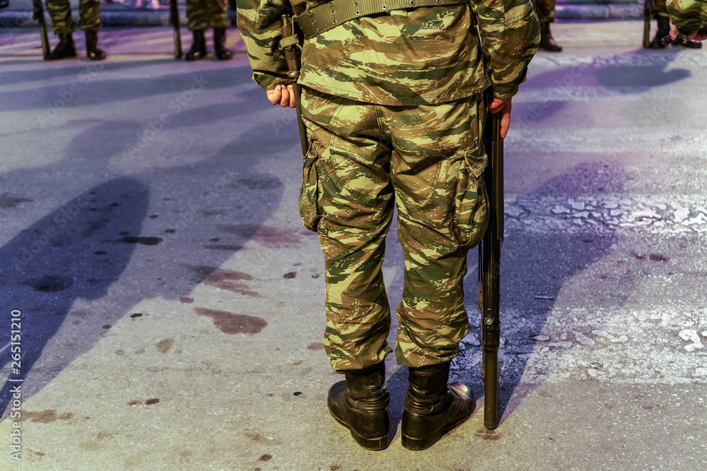 Thessaloniki, Greece Greek Army soldier in combat uniform, holding a ...