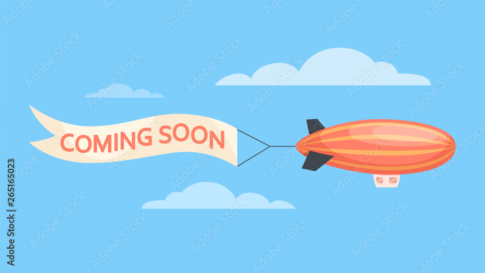 Airship flying in the sky with a coming soon message Stock Vector ...