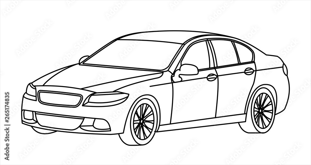 Passenger car, contour, isolated on white background, three quarter ...