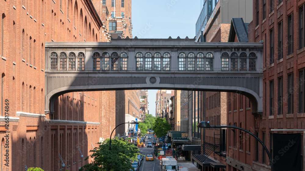 New York City Manhattan Skybridge between two brick buildings Stock ...
