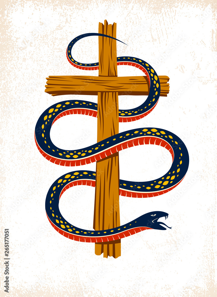 Serpent on a Cross vintage tattoo, snake wraps around Christian cross ...