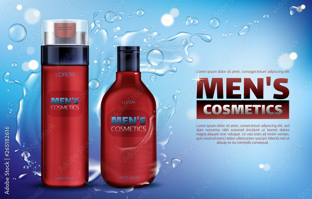 Men cosmetics, shower gel, shampoo, shaving foam 3d realistic vector ...