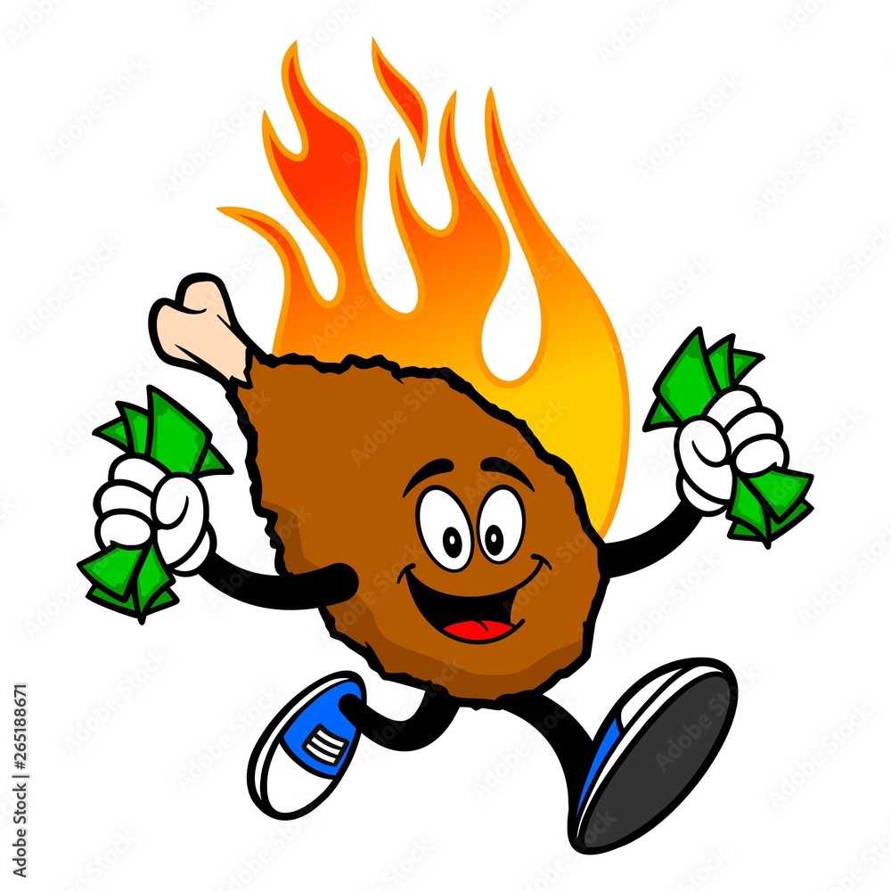 Hot Wing Mascot Running with Money - A cartoon illustration of a ...
