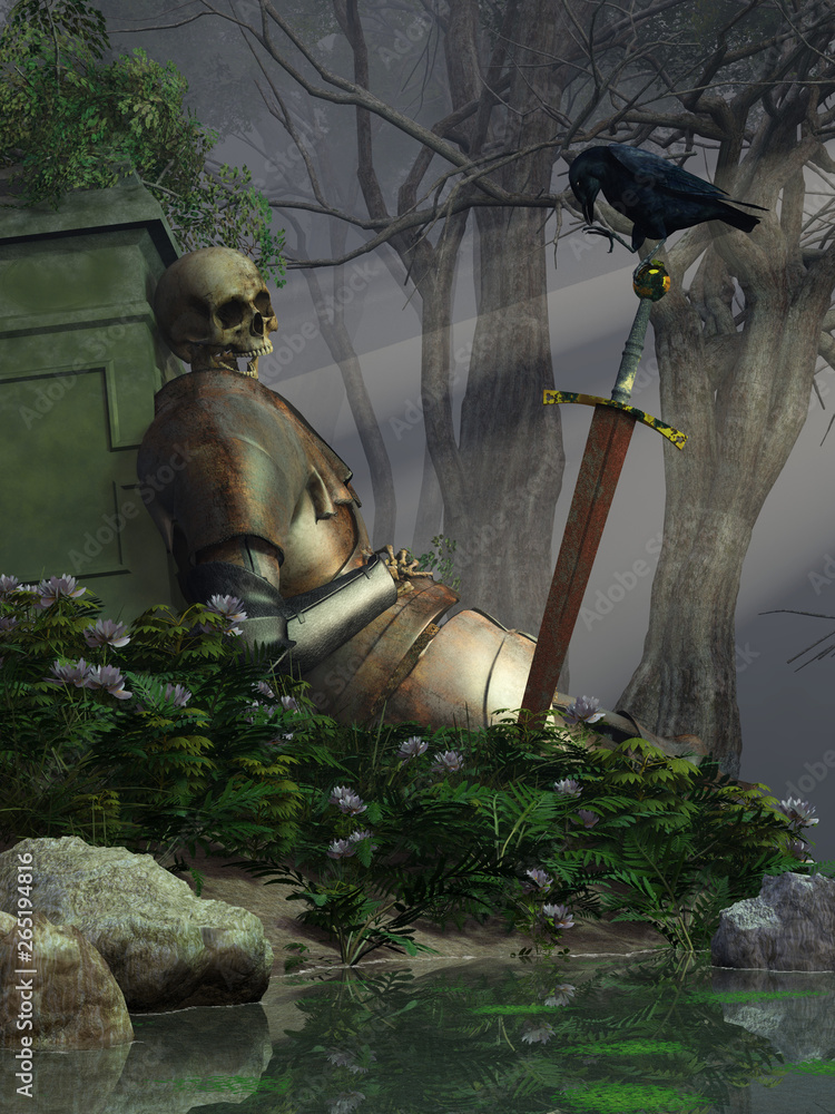 In a deep forest, a skeleton of a long dead knight, still wearing plate ...