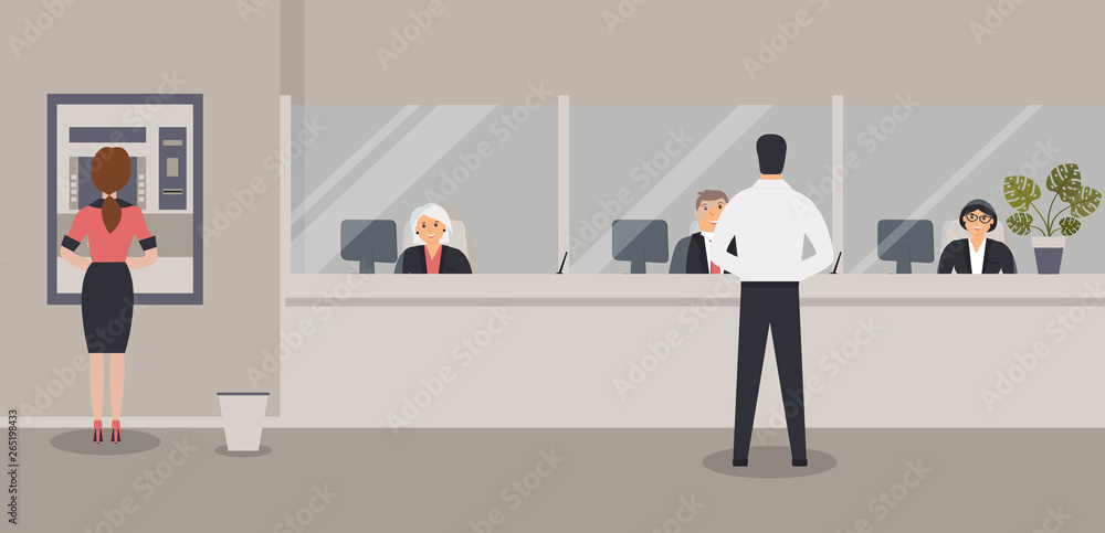Bank office interior:Bank clerks sit behind barrier with glass, ATM or ...