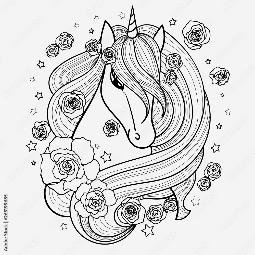 Vector black and white illustrations. Hand drawn unicorn with flowers ...