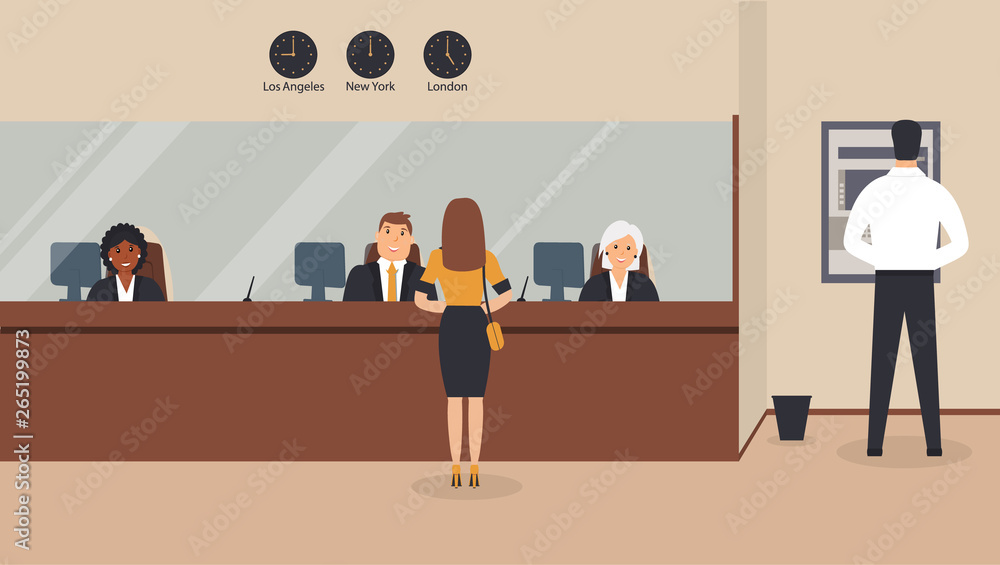 Bank office interior:Bank clerks sit behind barrier with glass, ATM or ...