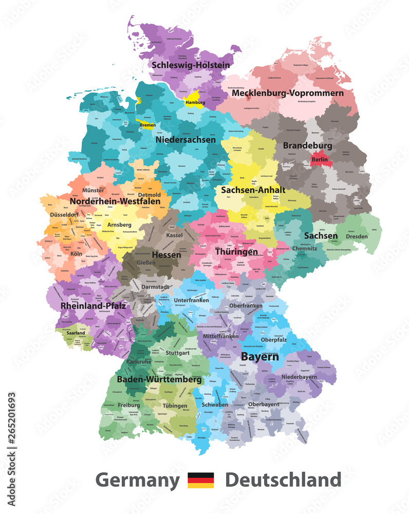 Poster Germany subdivisions vector map colored by states and ...