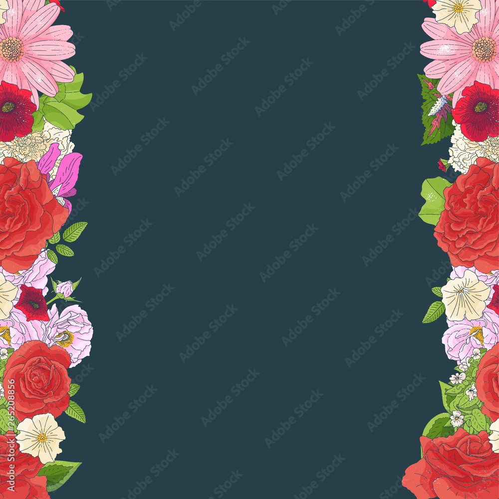 Border with different flowers in doodle style. Hand drawn elements for ...