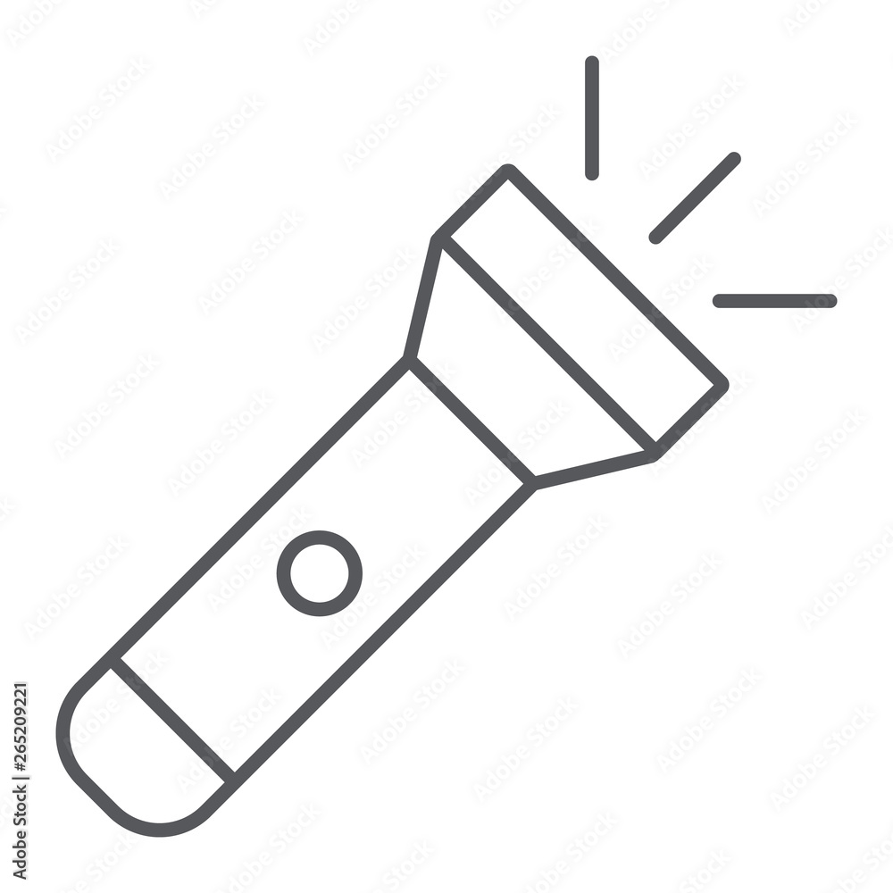 Flashlight thin line icon, light and lamp, torch sign, vector graphics ...
