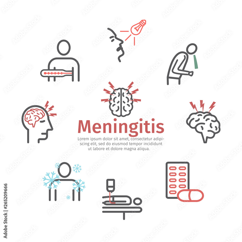 Meningitis banner. Line icons. Symptoms, Treatment. Vector signs for ...
