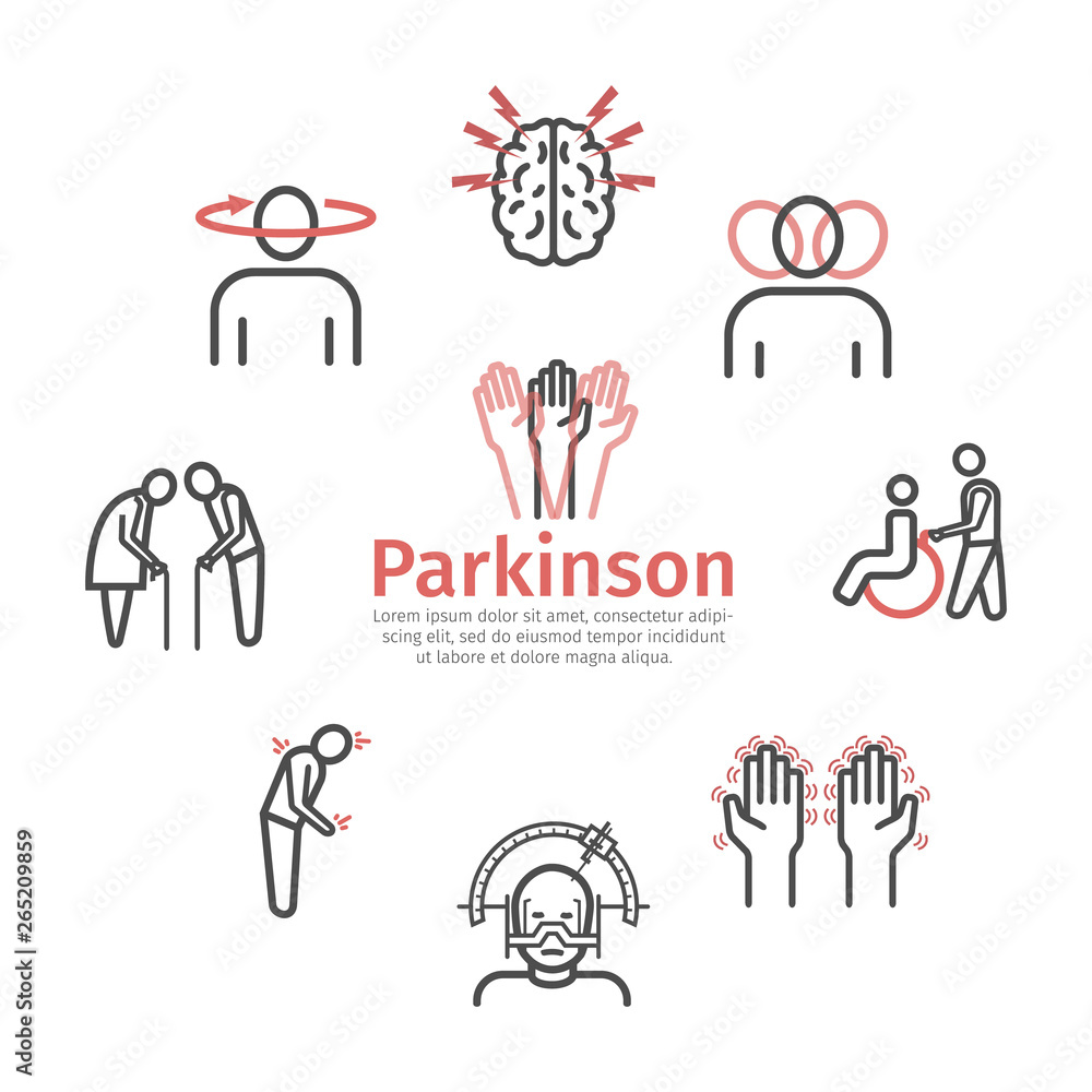 Parkinson's disease. Symptoms, Treatment. Line icons set. Vector signs ...