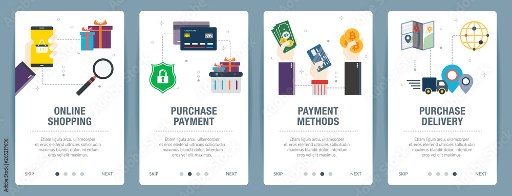 Vector set of vertical web banners with online shopping, purchase ...