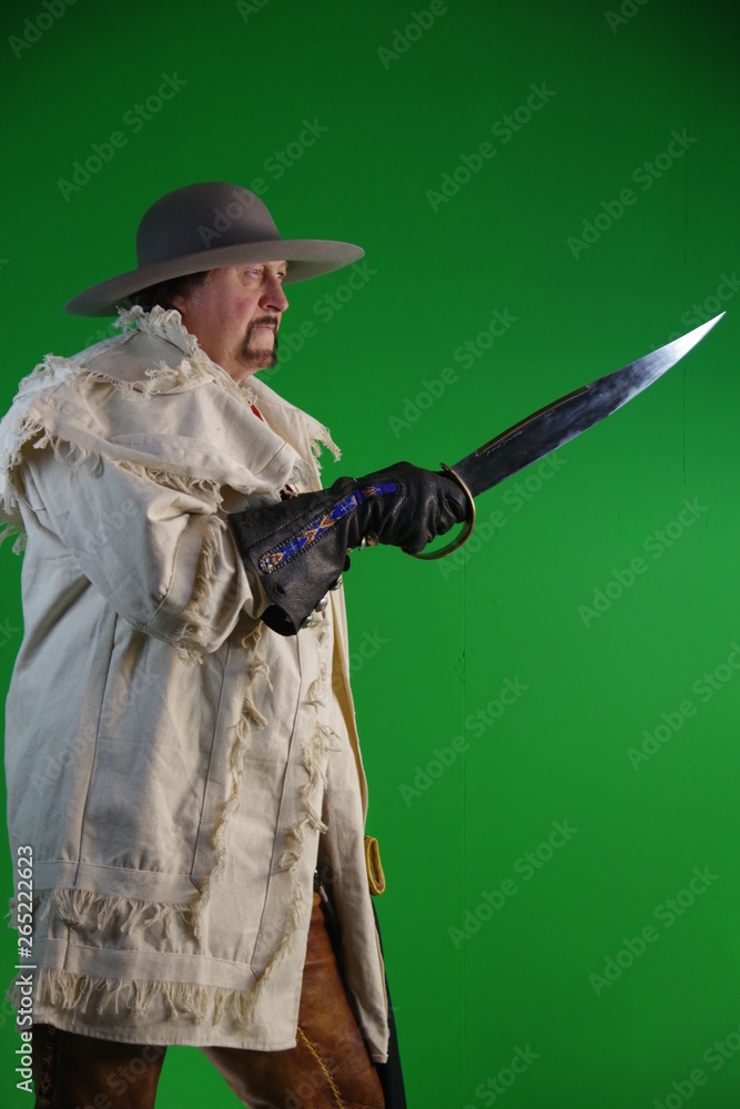 Mountain Man, flintlock, cutlass, knife, coonskin, fur, leather ...