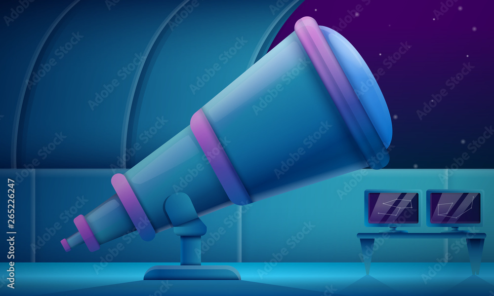 cartoon observatory with a telescope at night, vector illustration ...